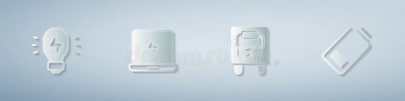 Set Creative Lamp Light Idea, Laptop, Electrical Panel and Battery ...