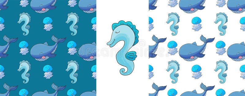 Set Creative Marine Seamless Pattern. Pattern in Hand Draw Style, Created for Fabrics Stock ...