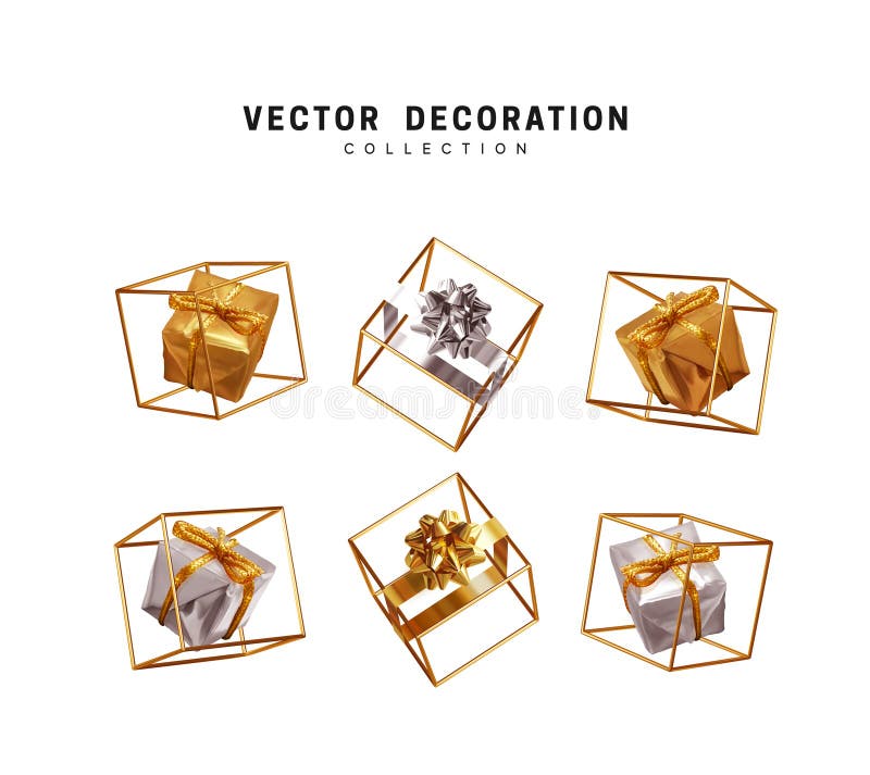 Set of Creative Realistic Gift Boxes in an Empty Golden Cube. Festive ...