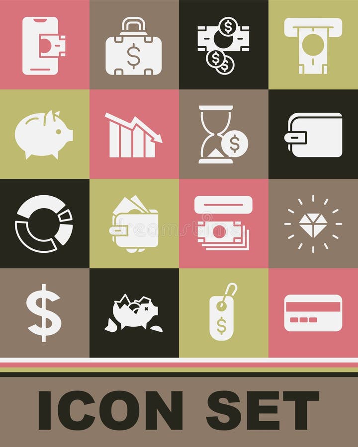 Set Credit Card, Diamond, Wallet, Stacks Paper Money Cash, Financial Growth Decrease, Piggy Bank ...
