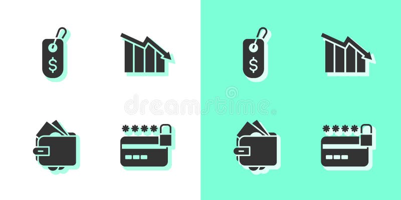 Set Credit Card with Lock, Price Tag Dollar, Wallet Money and Financial Growth Decrease Icon ...