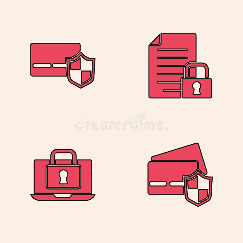 Set Credit Card with Shield, , Document and Lock and Laptop Icon ... Set Credit Card with Shield, , Document and Lock and Laptop Icon ...