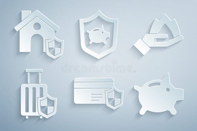 Set Credit Card with Shield, Hand Holding Fire, Travel Suitcase, Piggy ... Set Credit Card with Shield, Hand Holding Fire, Travel Suitcase, Piggy ...