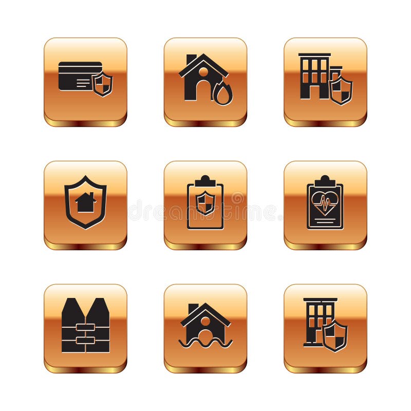 Set Credit Card with Shield, Life Jacket, House Flood, Document, and ... Set Credit Card with Shield, Life Jacket, House Flood, Document, and ...