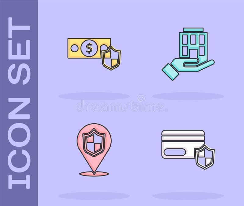 Set Credit Card with Shield, Money, Location and House in Hand Icon ...