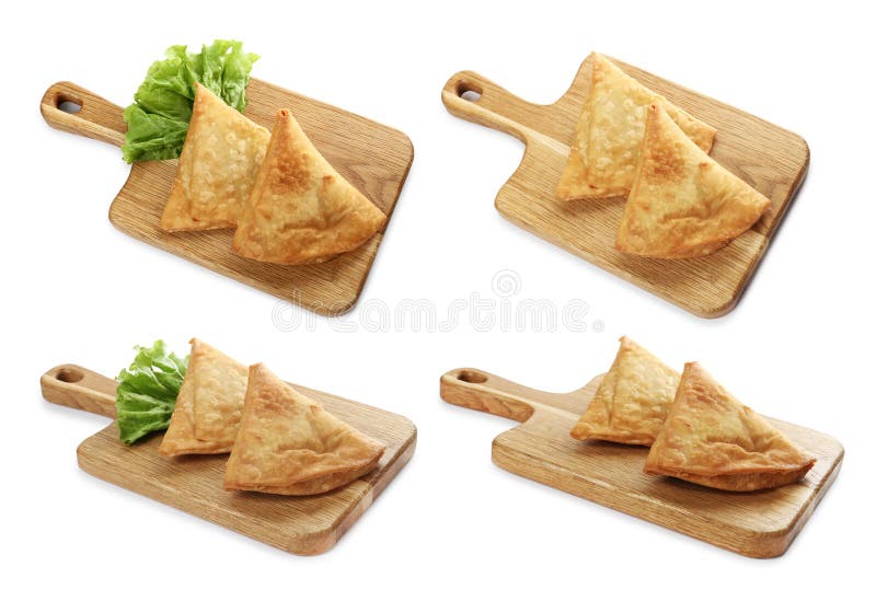 Set with Crispy Delicious Samosas on White Background, Top View. Banner ...