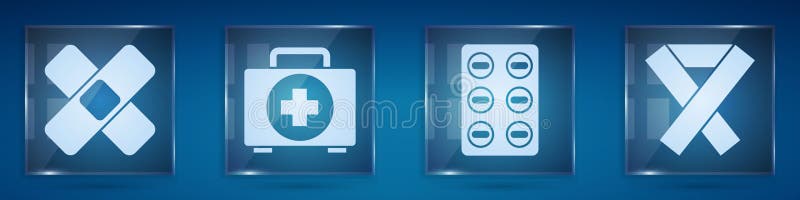 Set Crossed Bandage Plaster First Aid Kit Pills In Blister Pack And