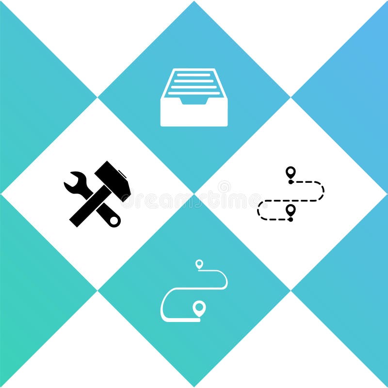 Set Crossed Hammer and Wrench, Route Location, Drawer with Documents ... Set Crossed Hammer and Wrench, Route Location, Drawer with Documents ...