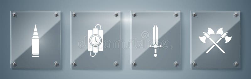 Set Crossed Medieval Axes, Medieval Sword, Dynamite Stick and Timer ...