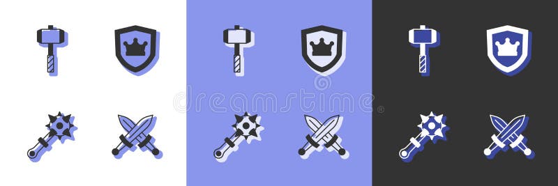 Set Crossed Medieval Sword, Battle Hammer, Mace with Spikes and Shield ...