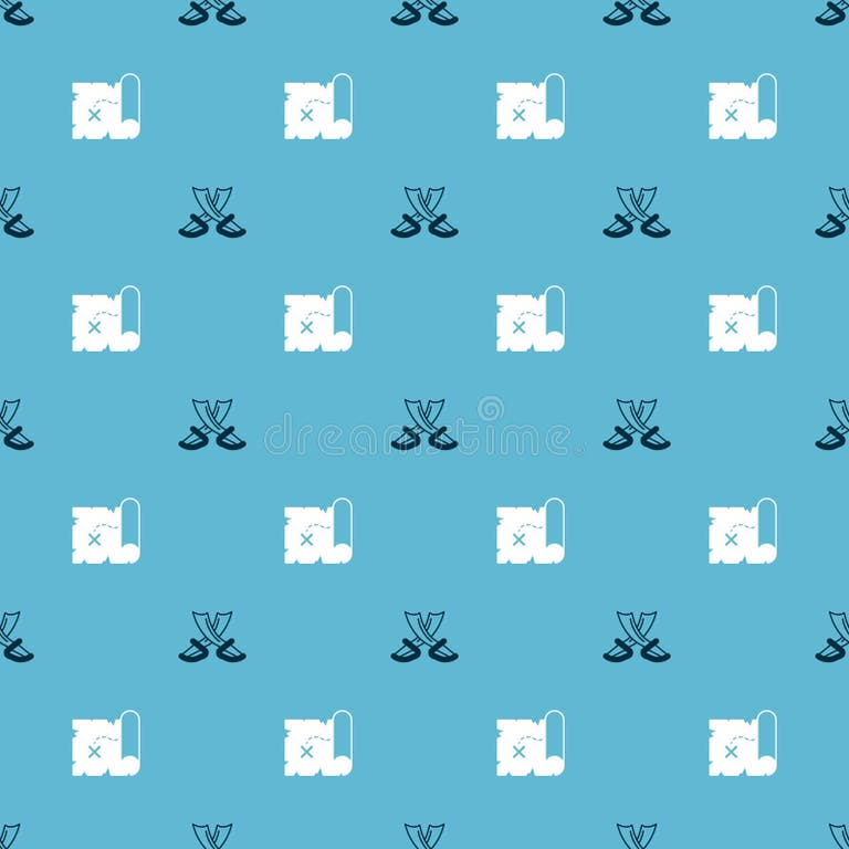 Set Crossed Pirate Swords and Pirate Treasure Map on Seamless Pattern ...