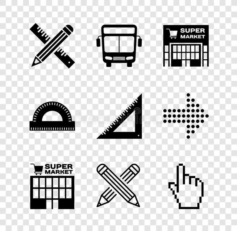 Set Crossed Ruler and Pencil, Bus, Supermarket Building, Pixel Hand ...