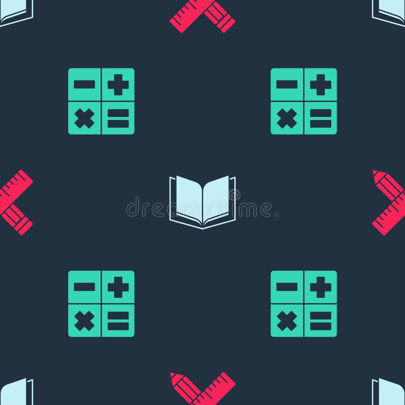 Set Crossed Ruler and Pencil, Open Book and Calculator on Seamless ...