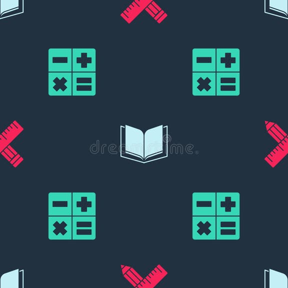 Set Crossed Ruler and Pencil, Open Book and Calculator on Seamless ...