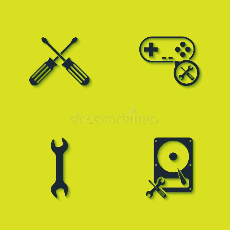 Set Crossed Screwdrivers, Hard Disk Service, Wrench and Gamepad Icon ...