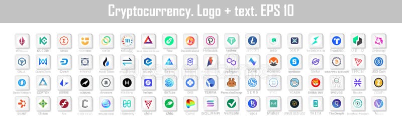 A Set of Cryptocurrency Logos with Text on the Background of Buttons 1. ...