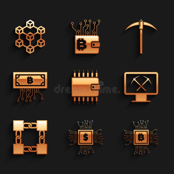 Set Cryptocurrency Wallet, Processor Chip with Dollar, CPU Mining Farm, Mining Monitor and ...