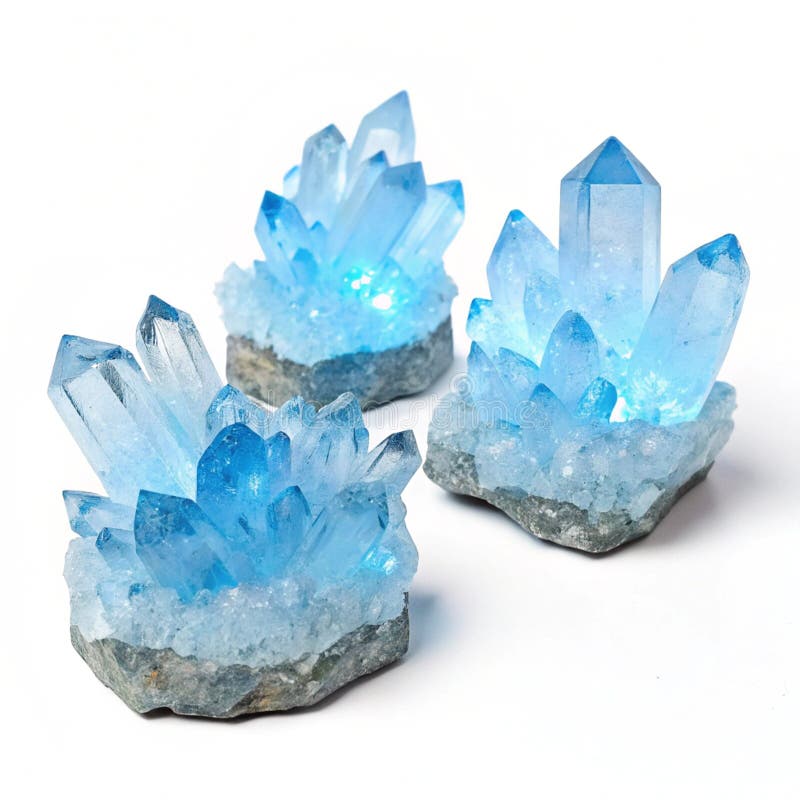 3 Set Crystal Clusters with Blue Glowing Light Isolated on White ...