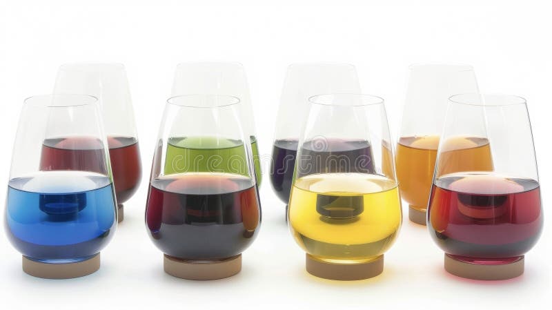 A Set of Crystal Stemless Wine Gles Each with a Different Colored Base ...