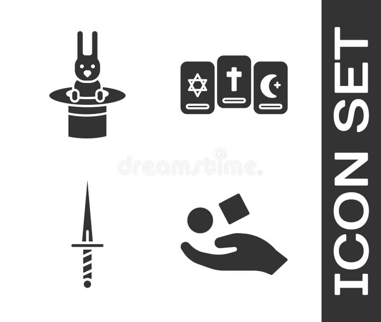 Set Cube Levitating Above Hand, Magician Hat and Rabbit, Dagger and ...