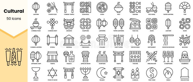 Set of Cultural Icons. Simple Line Art Style Icons Pack Stock Vector ...