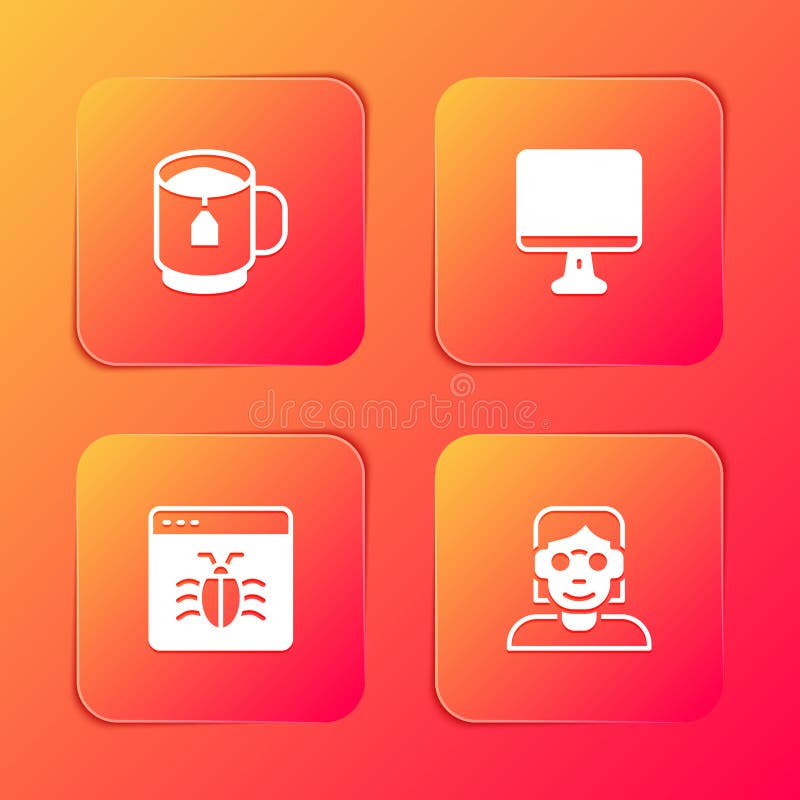 Set Cup Of Tea With Tea Bag Computer Monitor Screen System Bug And Hacker Coder Icon Vector 9019