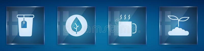 Set Cup with Tea Bag, Tea Leaf, of and . Square Glass Panels. Vector ...