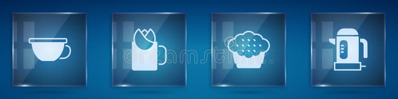 Set Cup of Tea, with Rose, Muffin and Electric Kettle. Square Glass ...