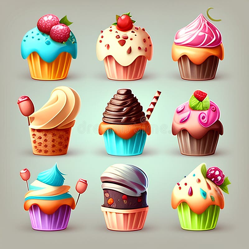 Set of Cupcakes with Different Toppings. Vector Illustration in Cartoon ...