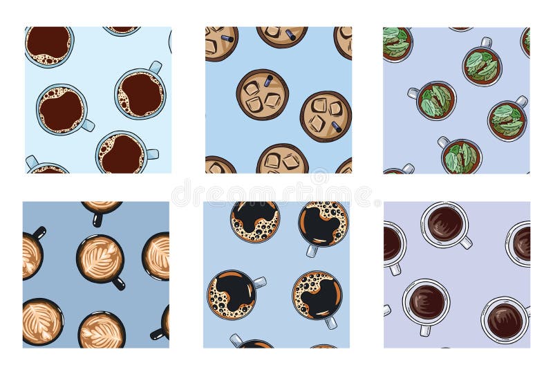Set of Cups of Coffee and Tea Yummy Drinks Cute Seamless Patterns in ...