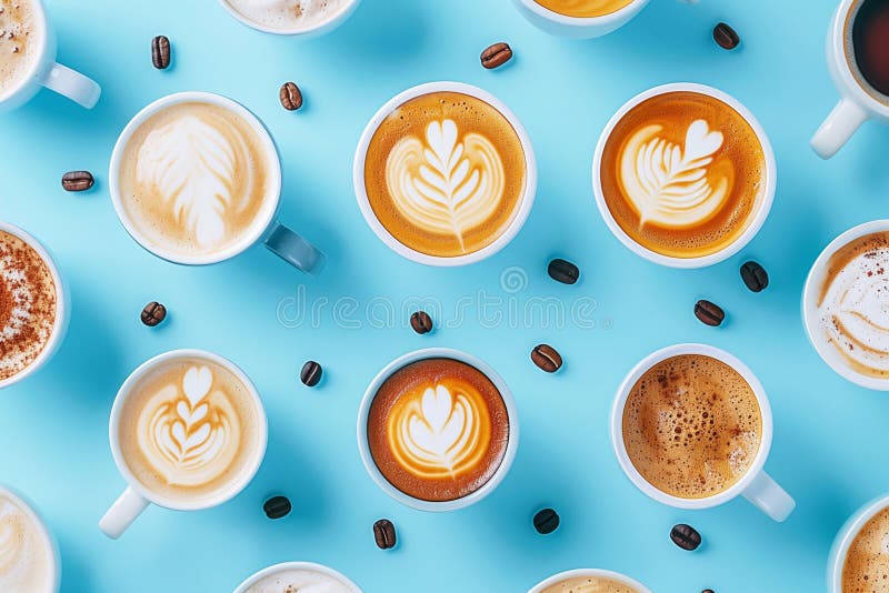 Set of Cups with Different Types of Coffee on Blue Background Top View ...