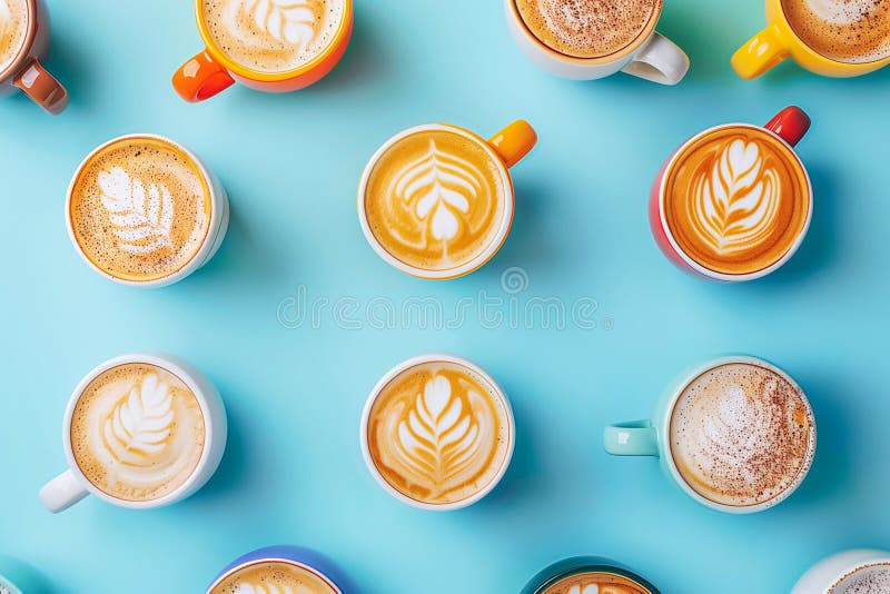 Set of Cups with Different Types of Coffee on Blue Background Top View ...