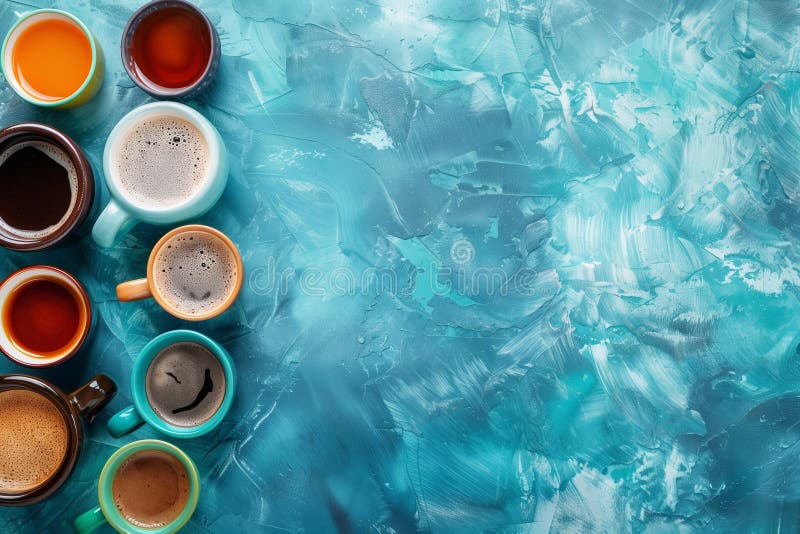 Set of Cups with Different Types of Coffee on Blue Background Top View ...
