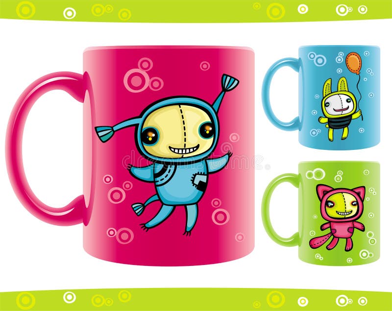 Set of Cups with Funny Beast Stock Vector - Illustration of breakfast ...