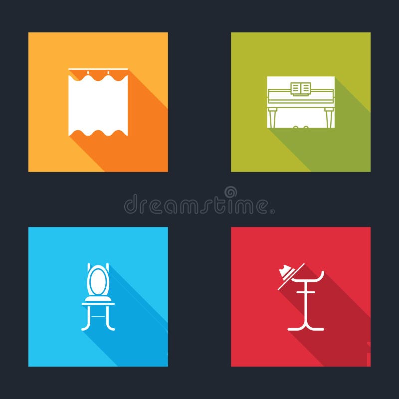 Set Curtains, Grand Piano, Chair and Coat Stand Icon. Vector Stock ...
