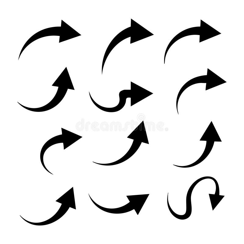 Set of Curved Arrow Silhouette Icons on White Background Stock ...