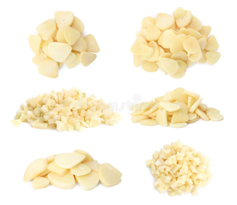 Set of Cut Garlic on White Background Stock Photo - Image of piles ...
