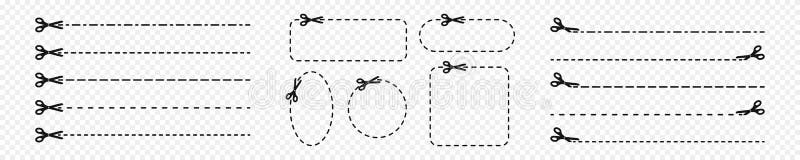 Set of Cut Here Icons. Scissors Pictograms with Dashed Lines and Square ...