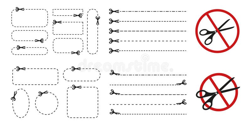 Set of Cut Here Icons. Scissors Pictograms with Dotted Lines and Square ...
