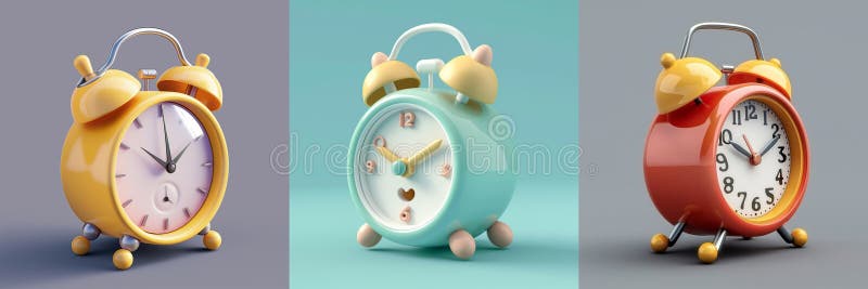Set of Cute Analog Alarm Clock. 3D Cartoon Illustration Stock ...