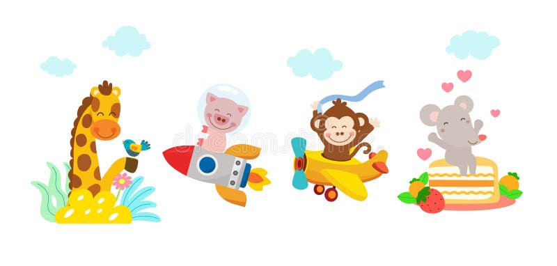 Set of Cute Animal Character with Giraffe, Pig, Mouse and Monkey ...