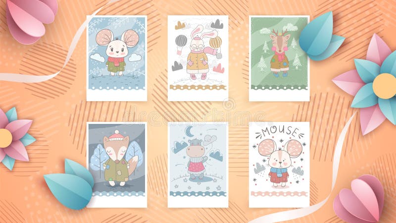 Set Cute Animal - Idea for Greeting Card. Stock Vector - Illustration ...