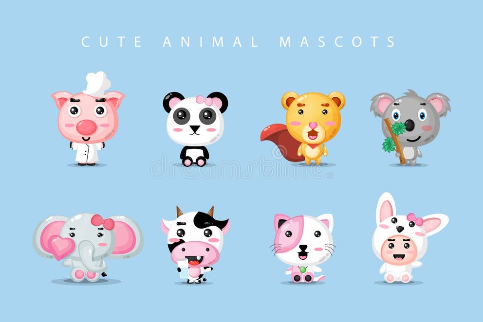 Set of cute animal mascot stock vector. Illustration of cute - 187625581
