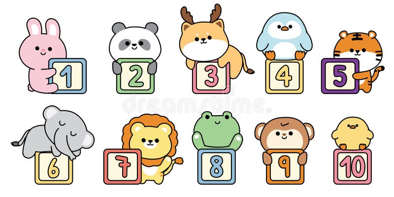 Set of cute animals number stock vector. Illustration of vector - 128564792
