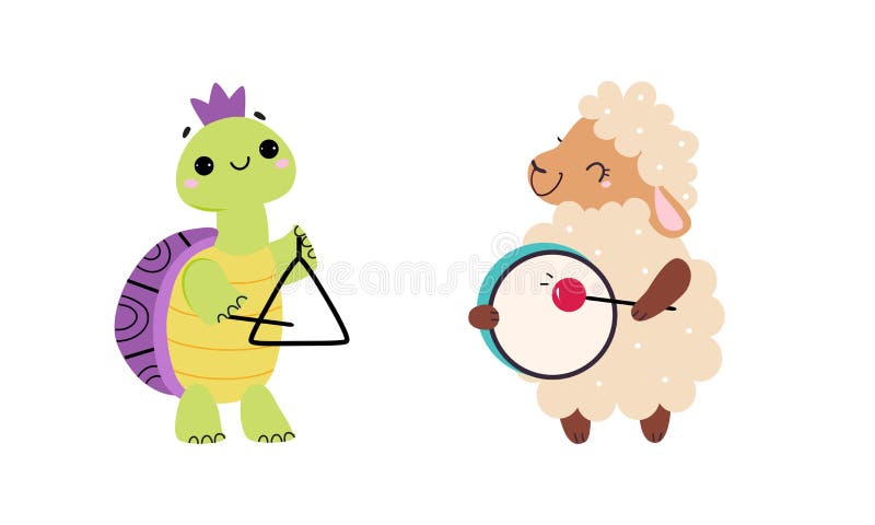 Set of Cute Animals Playing Musical Instruments Set. Turtle and Sheep ...
