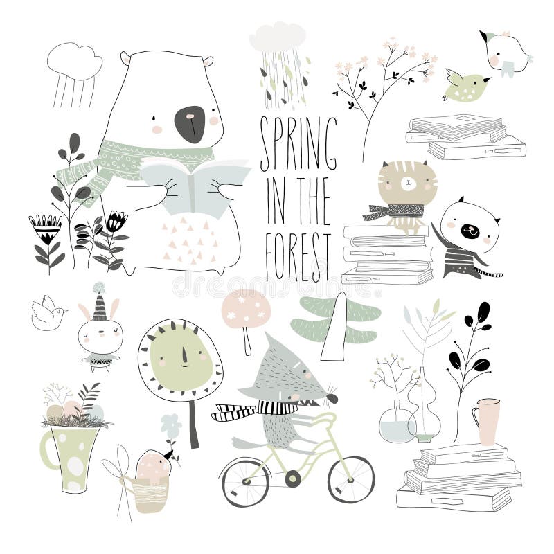 Set of Cute Animals with Spring Elements. Hello Spring Stock Vector ...