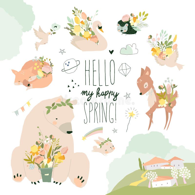 Set of Cute Animals with Spring Flowers Stock Vector - Illustration of ...