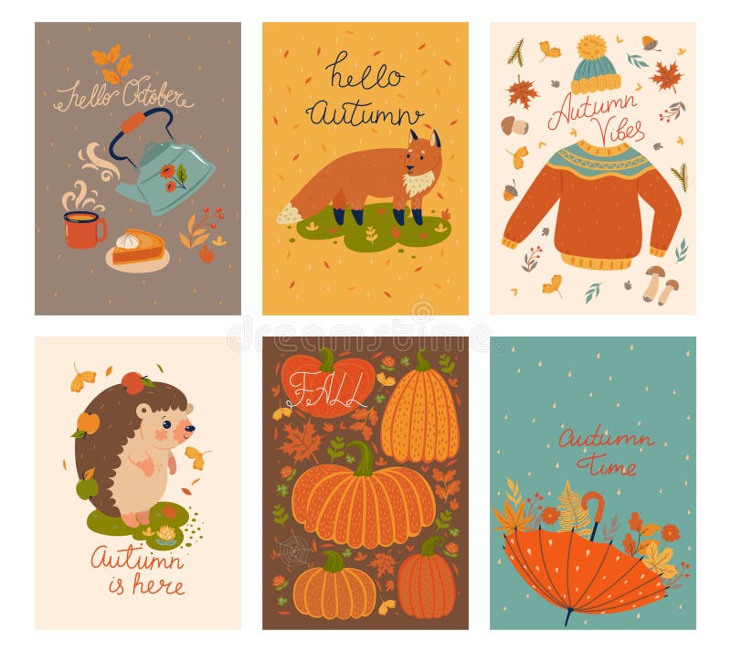 Set of Cute Autumn Cards. Vector Graphics Stock Vector - Illustration ...