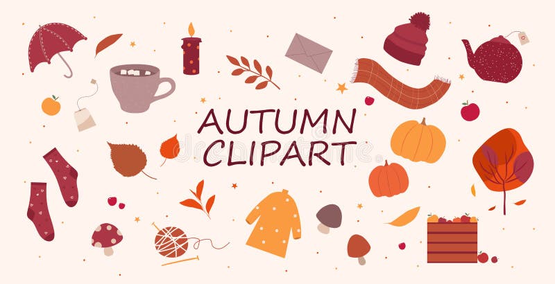 Set of Cute Autumn Objects in Warm Colors, Fall Season Icons Collection ...