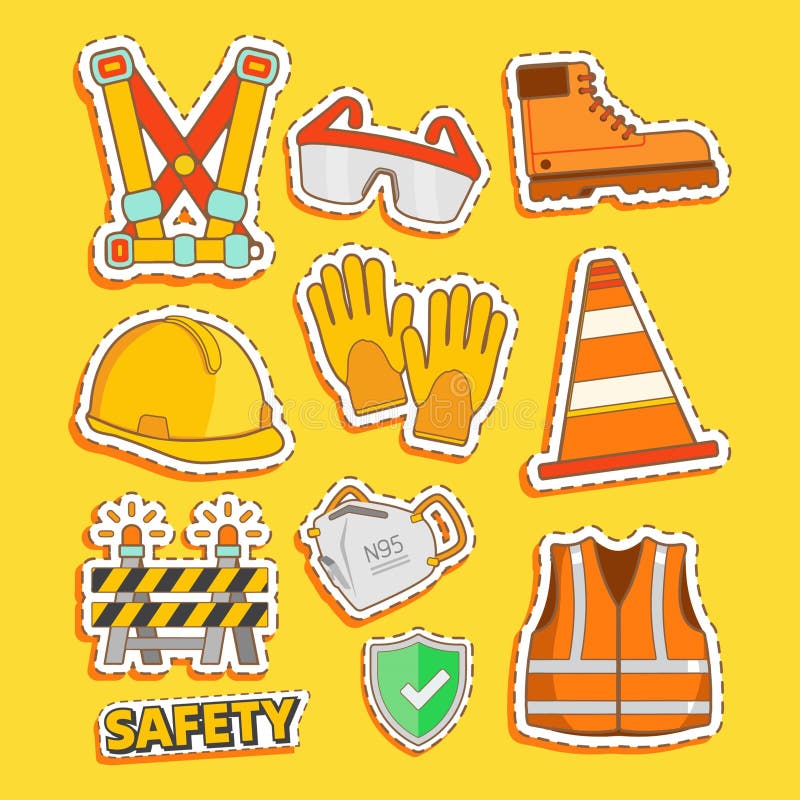 Set of Safety and Construction Stickers. Vector Illustration in Cartoon ...